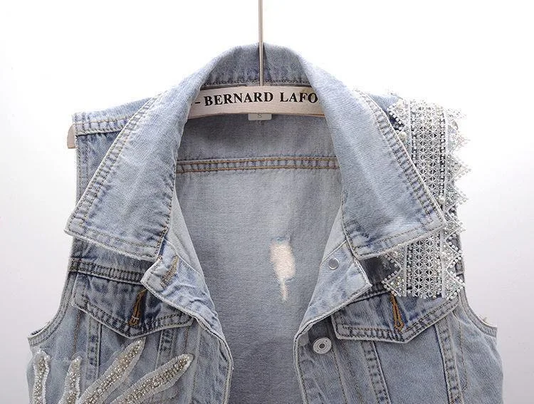 Shop Our Latest Rude Denim Vest - Lace Pearls & Ripped Details