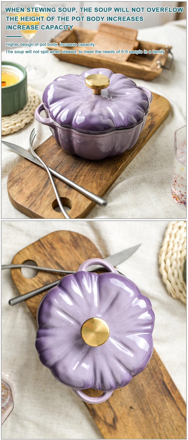 16/20/25cm Double Handle Beautiful Pumpkin Cast Iron Stockpot Nonstick ...