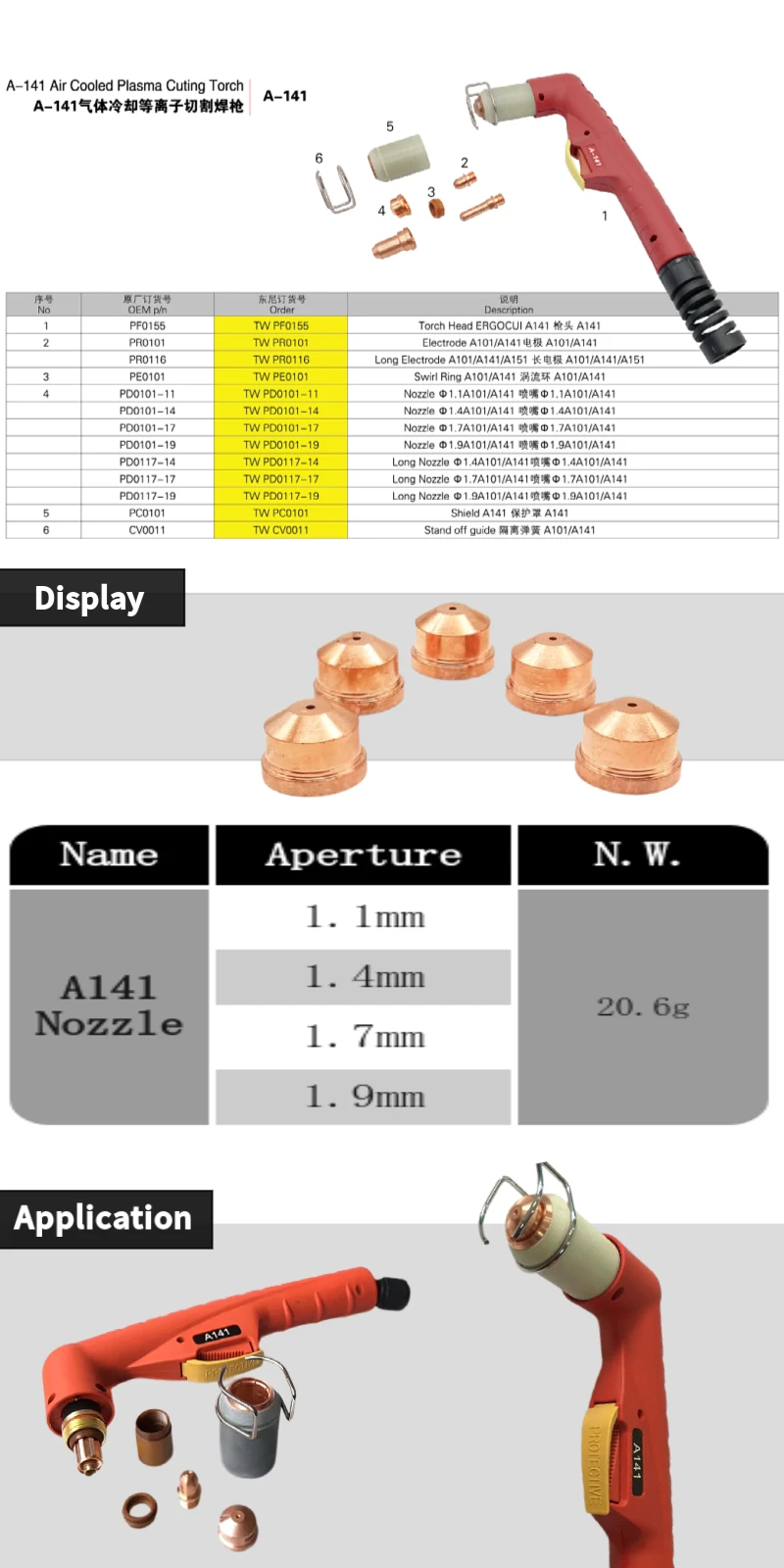 Trafimet A141 Piezas de repuesto para corte por plasma Boquilla de electrodo de plasma A141 ...