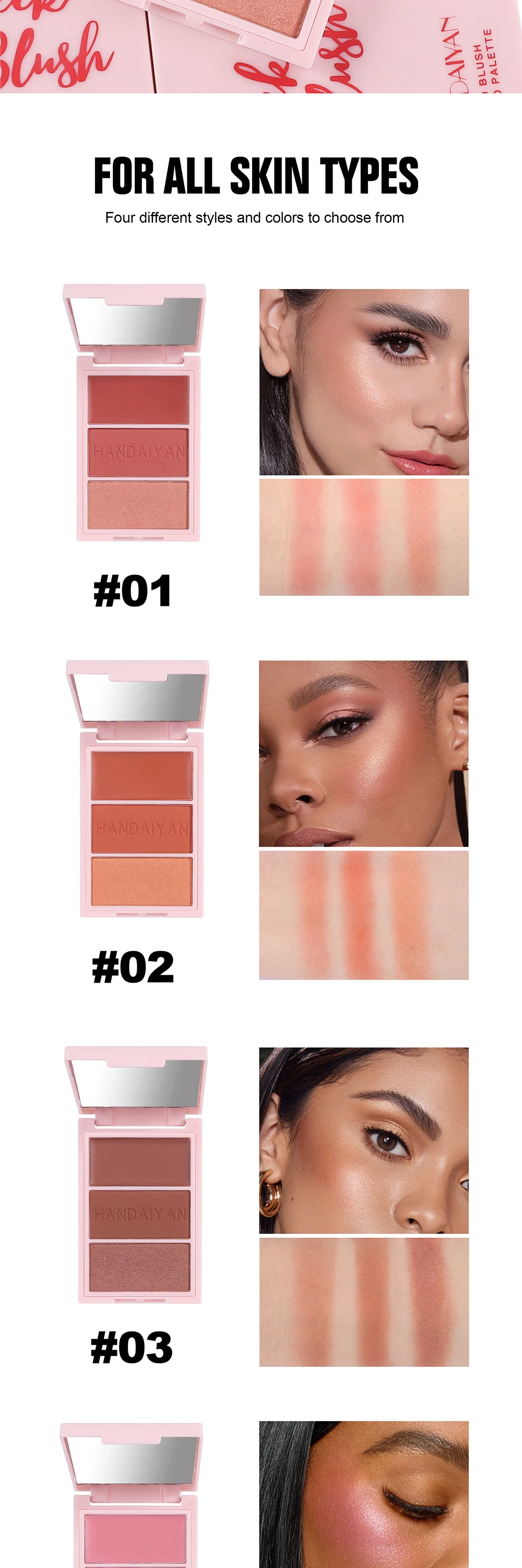 HANDAIYAN Vegan 3D Blush Trio Palette - Matte Nude & Pink Powder ...