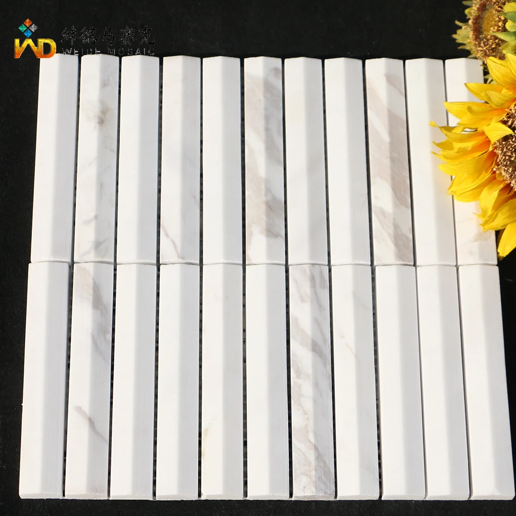 Volakas White Marble Mosaic Tiles Long Strip Three Sided Decorative 3D ...