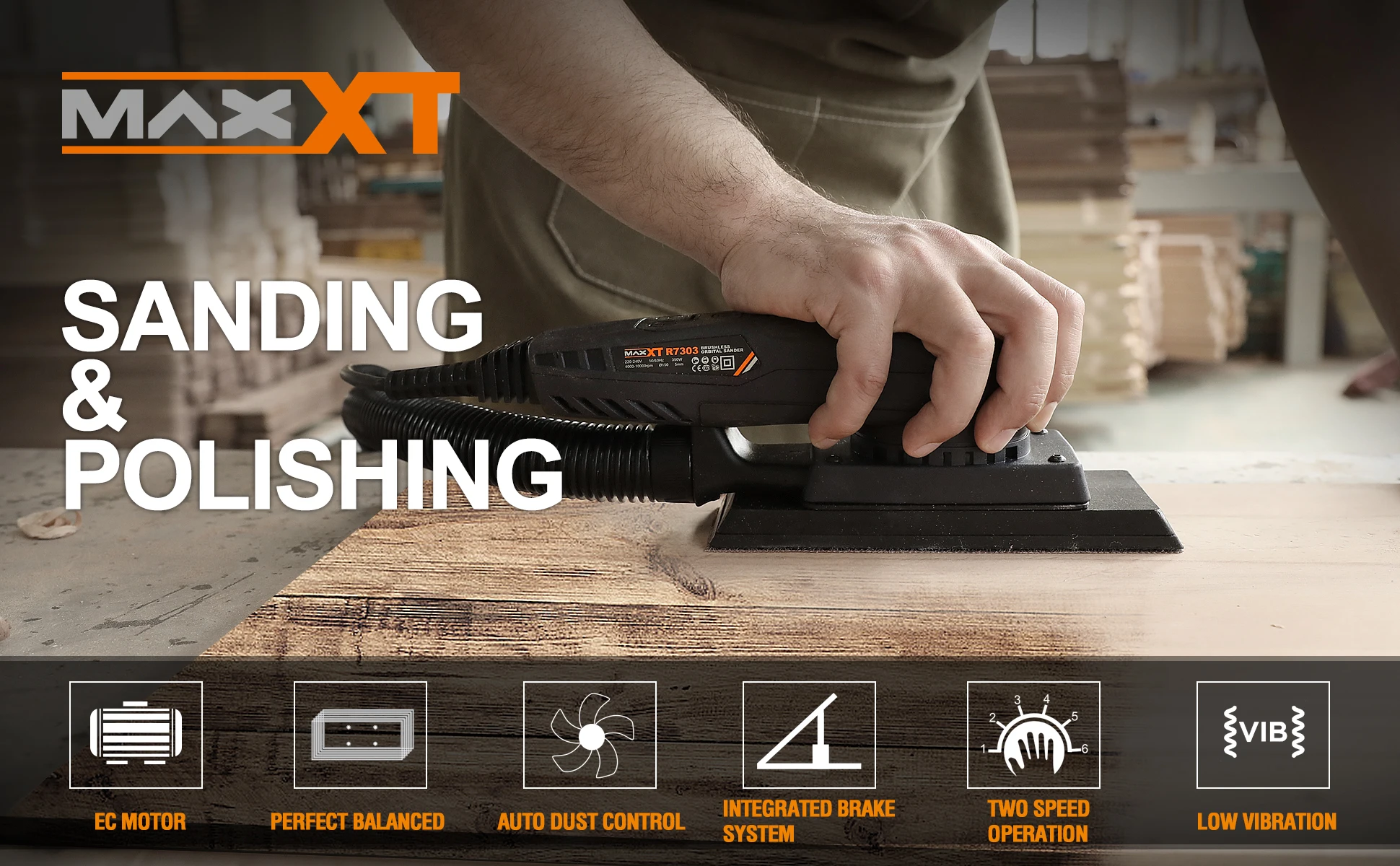 MAXXT 350W Brushless Orbital Sander - Variable Speed & Power