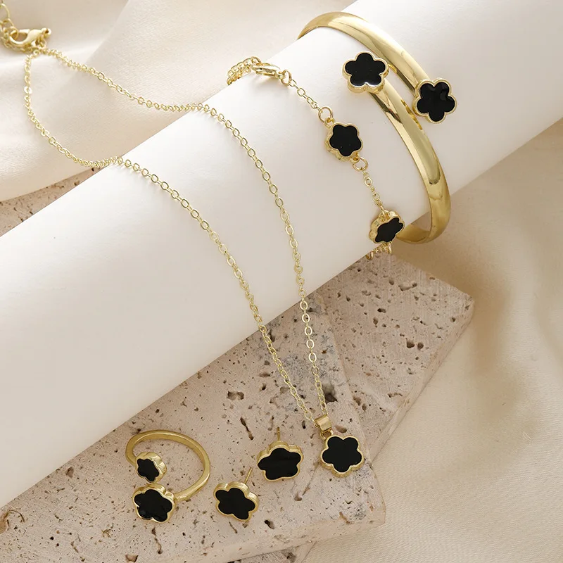 Lucky Five-Leaf Clover Enamel Bracelet Bangle Earrings