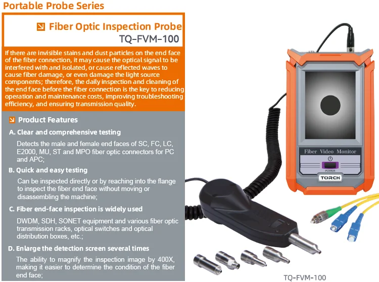 FTTX Fiber Optic Inspection Tool - 400X Probe & 3.5" Screen