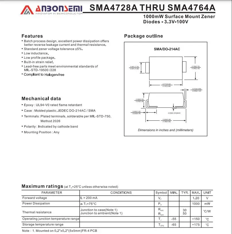 Anbon 8.2v 1000mw Sma4738a Sma Package Smd Zener Diode - Buy Zener ...