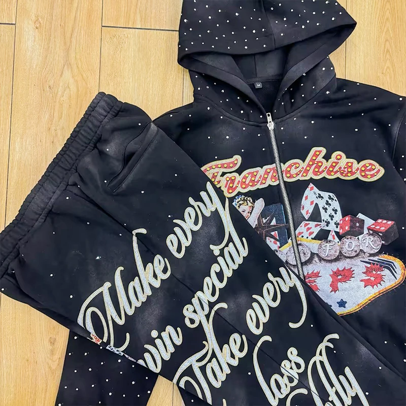 Streetwear Rhinestone Acid Wash Sweatsuit Cotton Flare