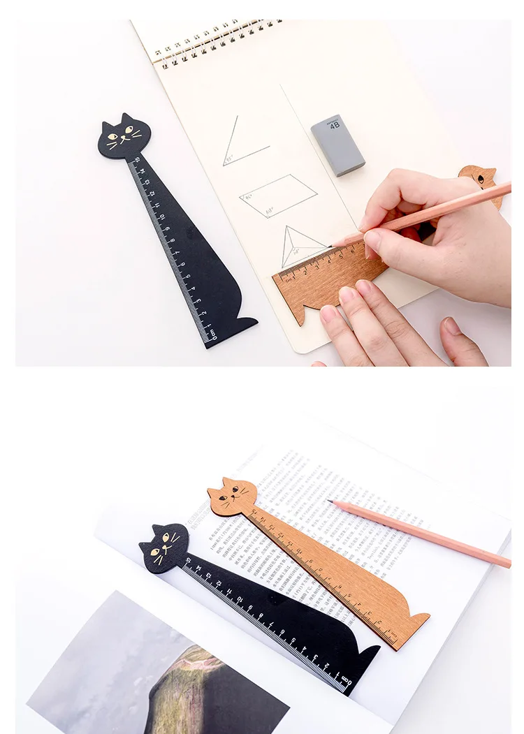 New Cartoon Cat Wooden Ruler Student Ruler Office Stationery Ruler 15cm ...