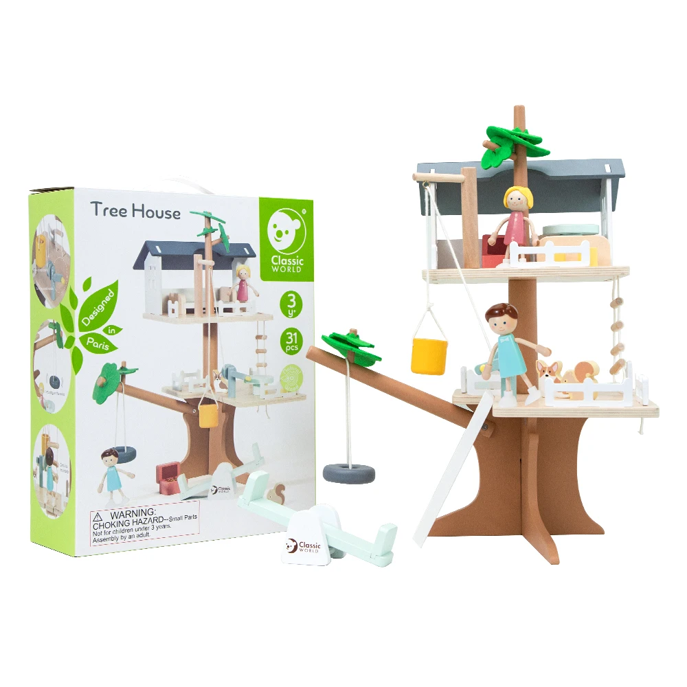 Classic World Wooden Educational Pretend Toy Small Doll Tree House For ...