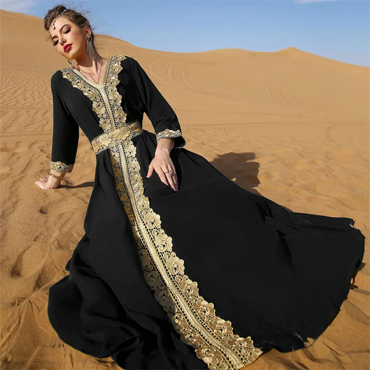 Black Embroidered Lace Elegant Retro Muslim Abaya Kaftan Lace Dress ...