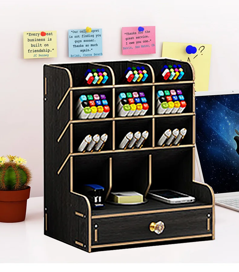 Wooden Desk Organizer With Drawer Multi-functional Diy Pen Holder ...