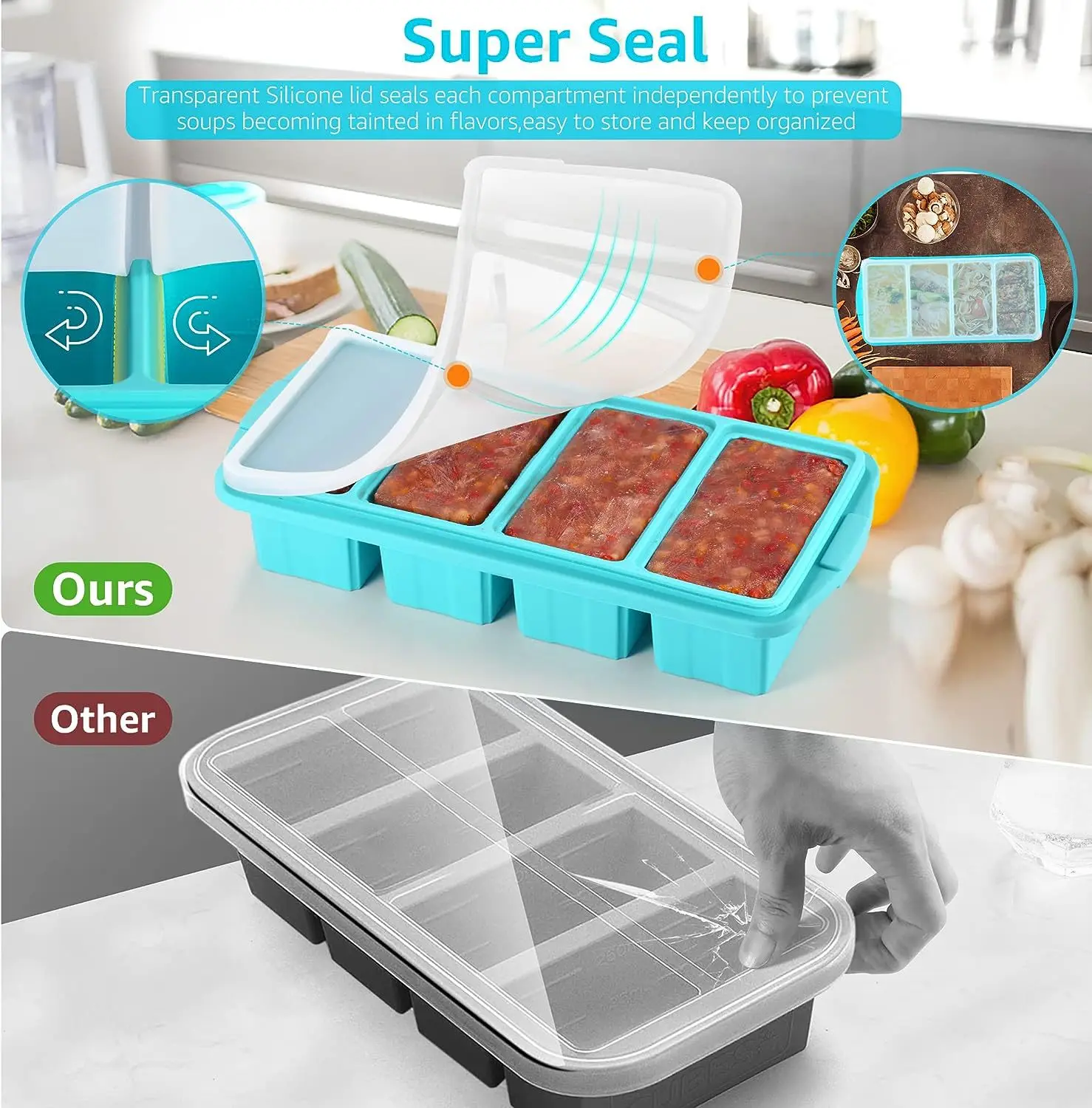 Silicone Freezer Tray With Lid Silicone Freezer Food Molds Large Ice ...