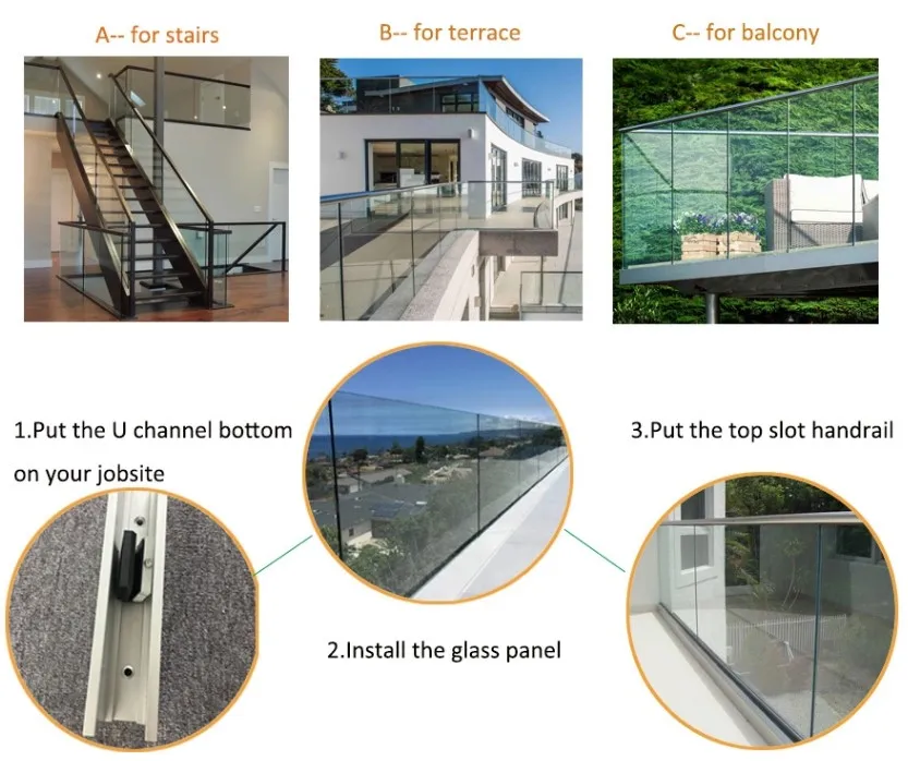 Aluminum Base Shoe Glass Railing Design - Frameless & Durable