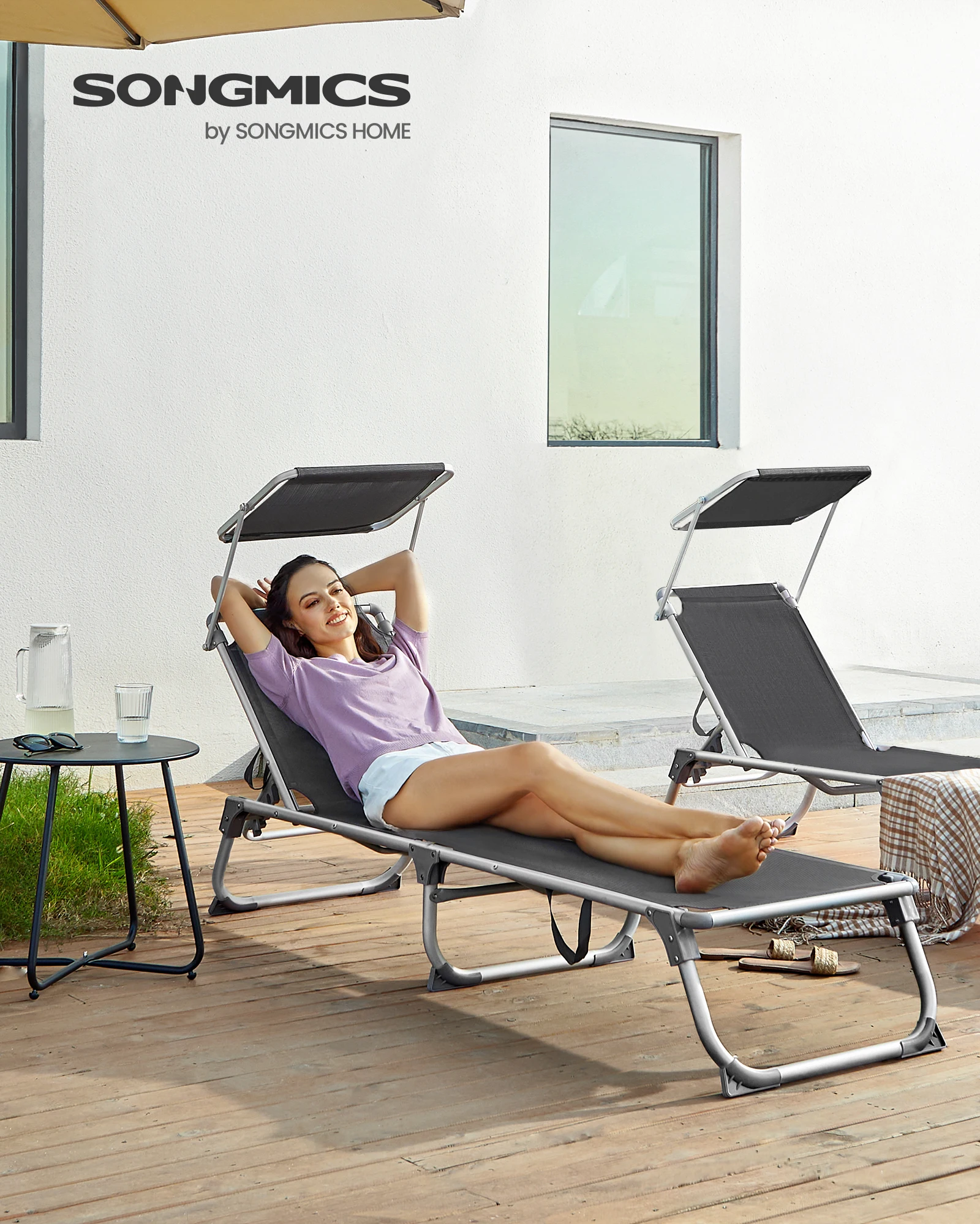 SONGMICS aluminum adjustable sun beach lounger bed Folding Sun Lounger ...