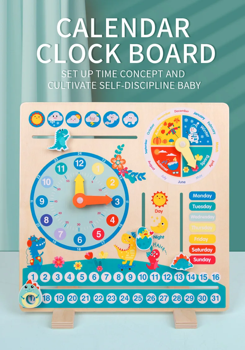 Montessori Educational Dinosaur Clock Board for Kids