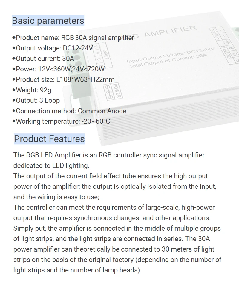 30a High Power Rgb Amplifier Dc12-24v 3-channel Pwm Dimming Signal ...