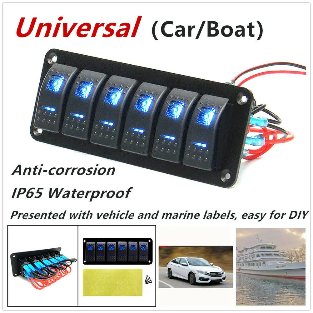 6 Gang Marine Rocker Switch Panel 12v-24v Waterproof Automotive On Off ...