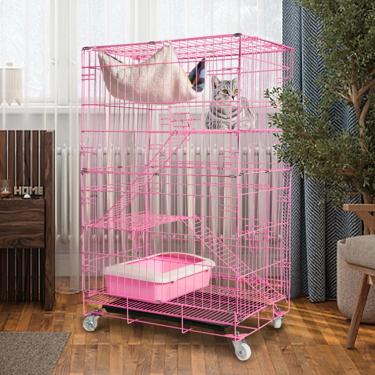 Foldable Cat Crate Kennel With Tray Three Layers Pet Cage Folding Cat ...