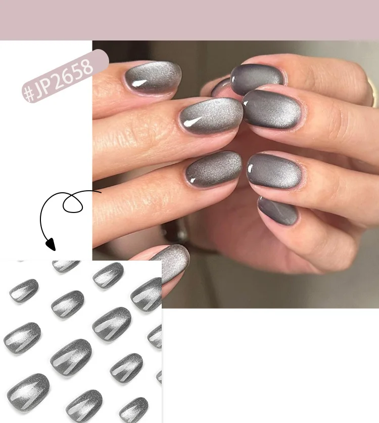 Cat Eye Press On Nails Grey Coffin False Nails Artificial Fingernails ...