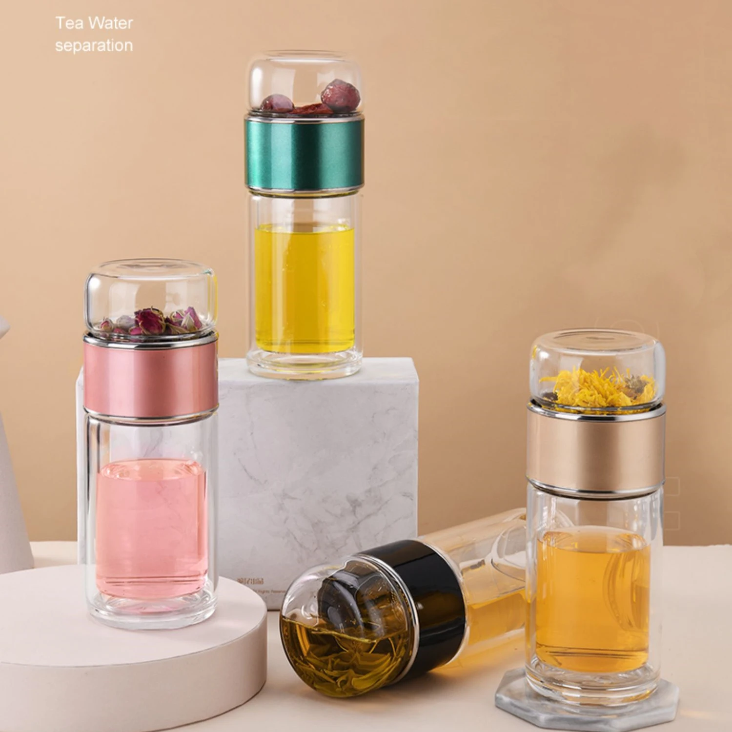 Double Wall Glass Water Bottle Tea And Water Separation Tea Bottle Mug Cup With Tea Infuser ...
