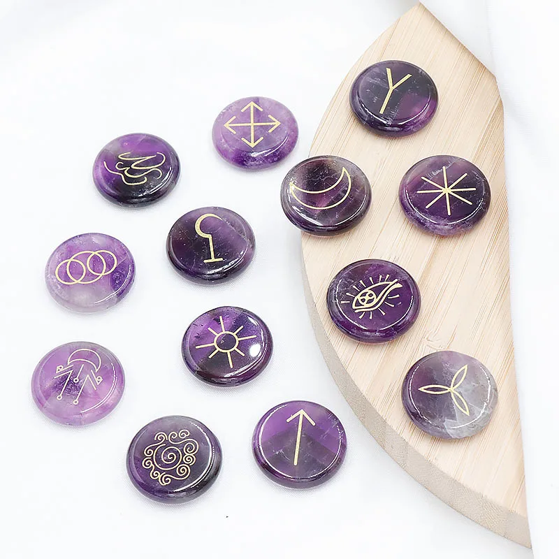 Tiger Eye Witchcraft Tarot Runes Stone Set 13Pcs Symbol Engraved Reiki ...