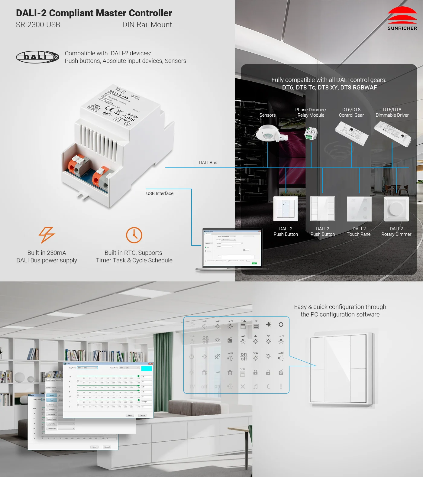 Sunricher USB Interface DALI Master Controller With Built-in 230mA DALI ...