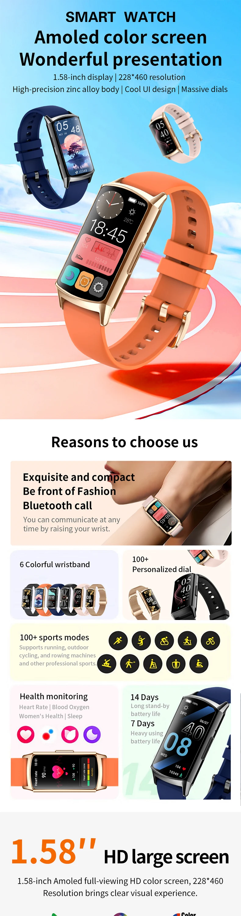 1.58 Inch Amoled Smartwatch Bracelet For Women Men Heart Rate Blood ...