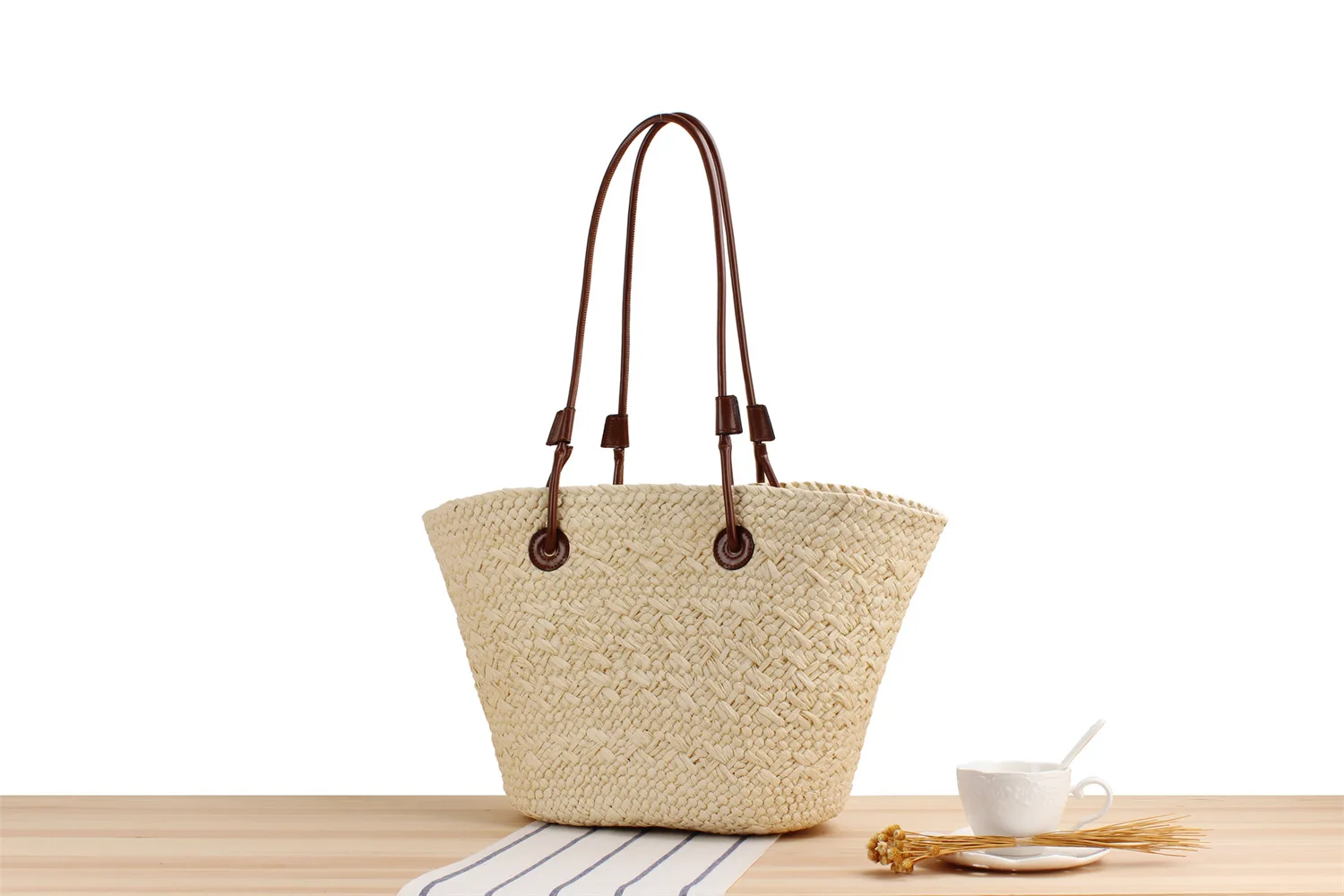 Solid Color Paper Braided Bag Vintage Color Contrast Large Capacity ...