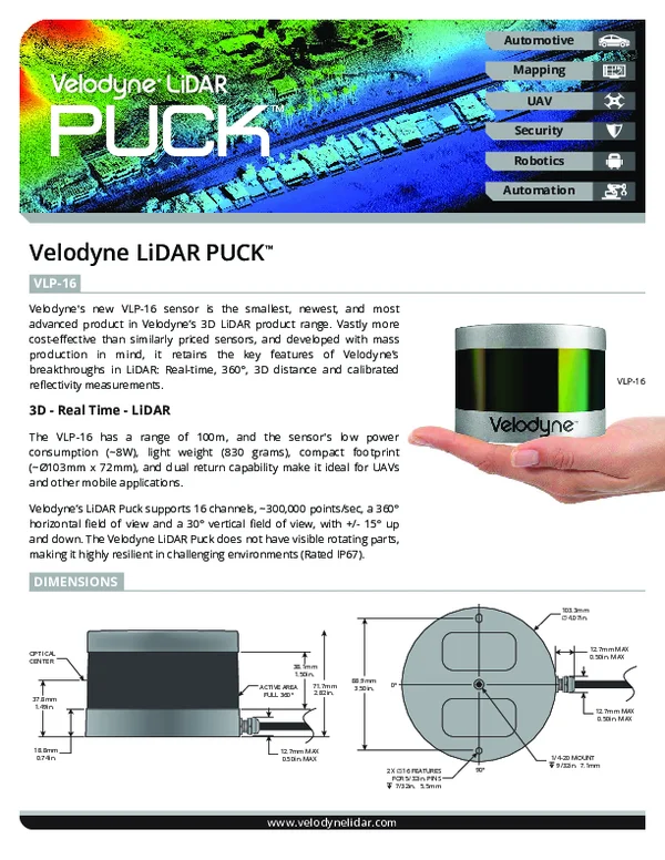 Velodyne VLP-16 LIDAR Sensor - 3D Multi-Line Lidar