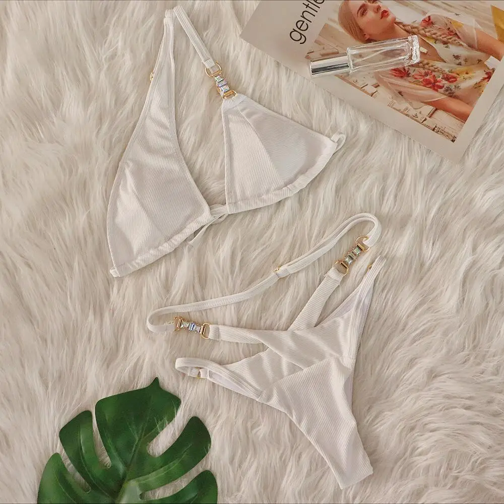 2024 Cheap Halter Backless Sexy Bikini Bathing Suits Cross String Split