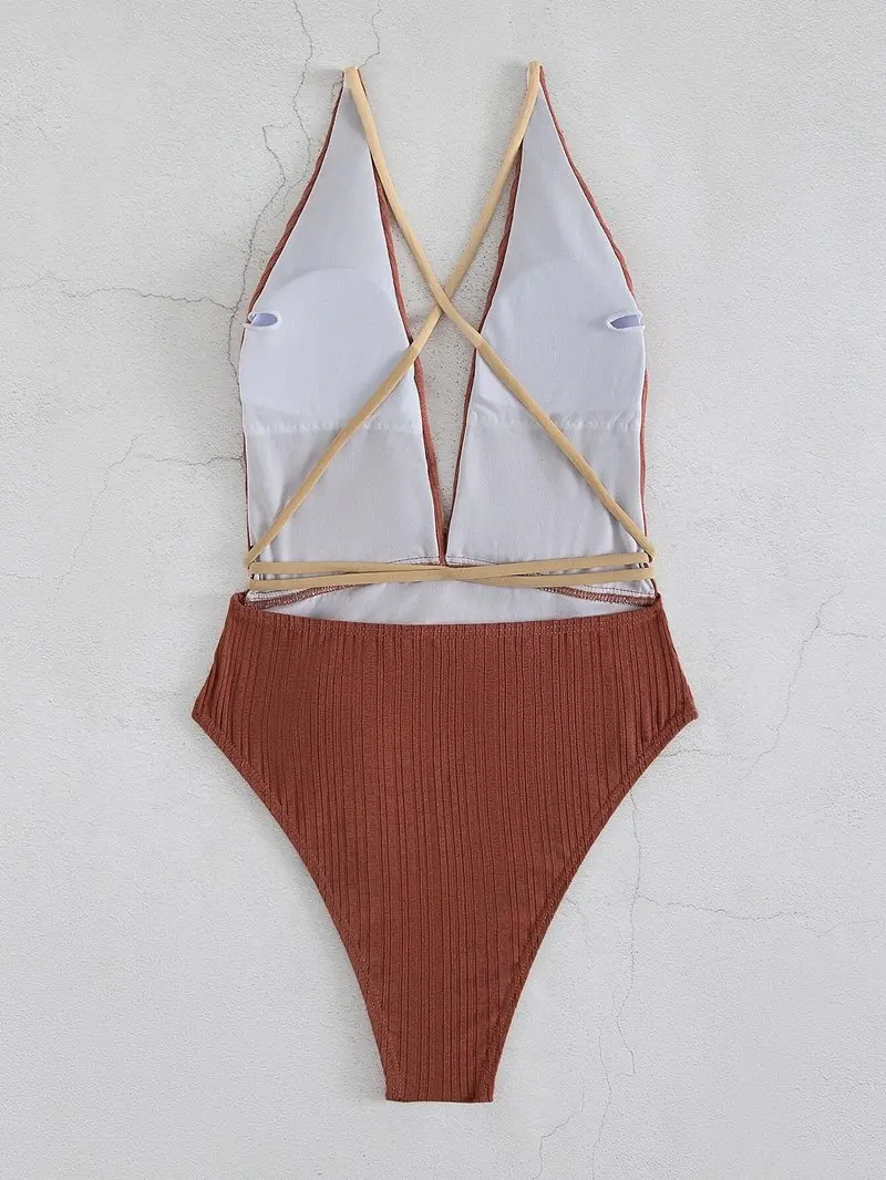 Ribbed Swimwear Deep V Bathing Suit Swimming Suit For Women One Piece ...