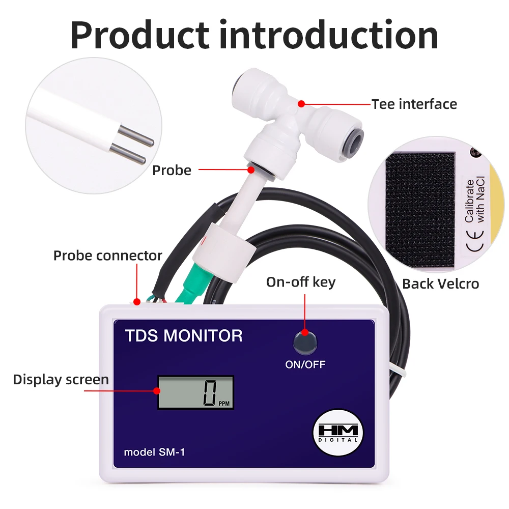 SM1 Tee Interface TDS Online Detector 0-9990ppm TDS Water Quality Monitor for Drinking ...