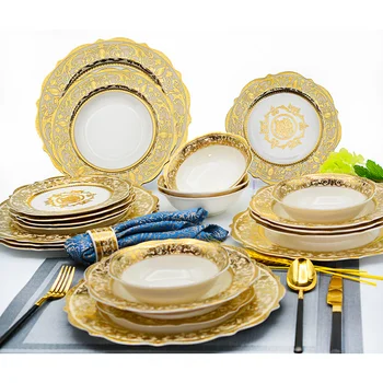 Karosa 24pcs Embossed Gold Porcelain Tableware Set Luxury Style Bone ...