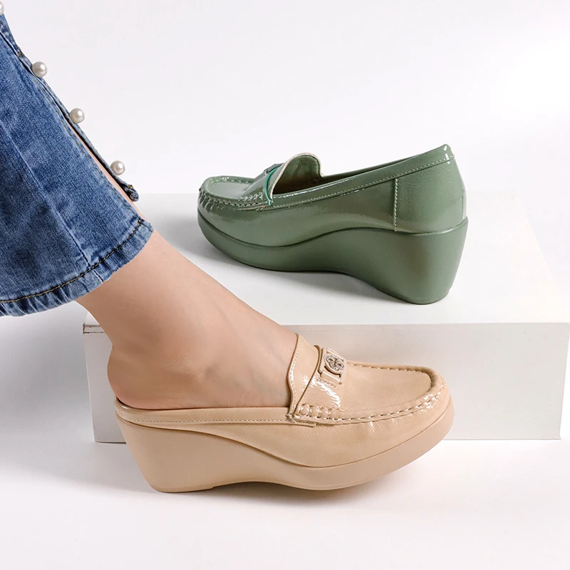 Women Wedges High Heels Mules 6cm Casual Pu Leather Close Shoes Metal ...