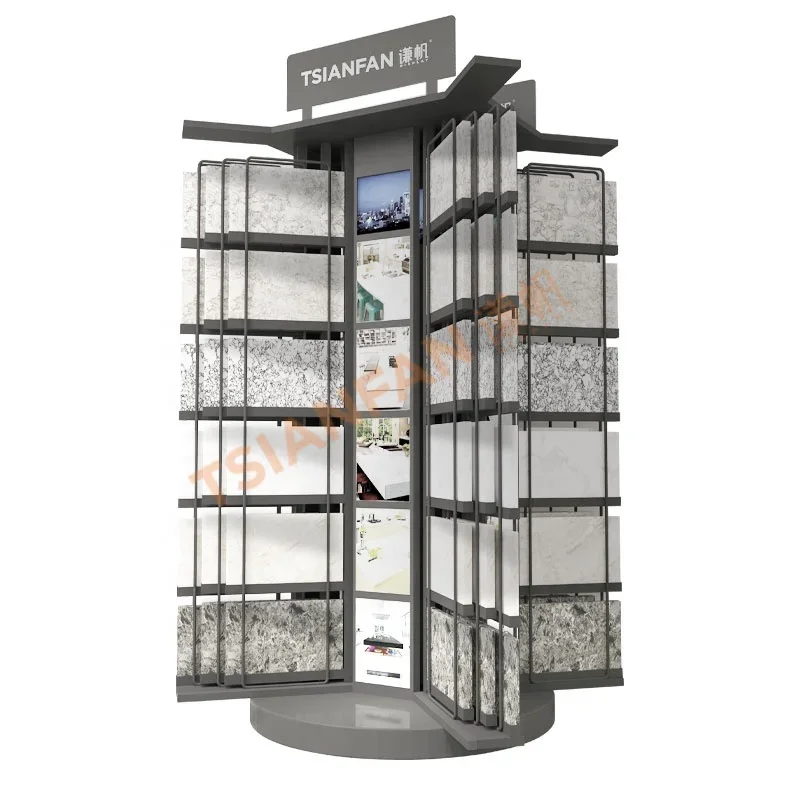 Modern style rotating showroom wood floor standing quartz display rack ...