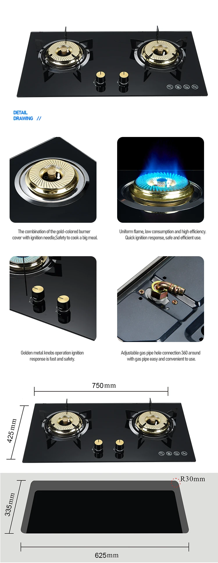 Cooking Appliance Gas Hob Tempered Glass Gas Cooker Cast Iron 2 Burner ...