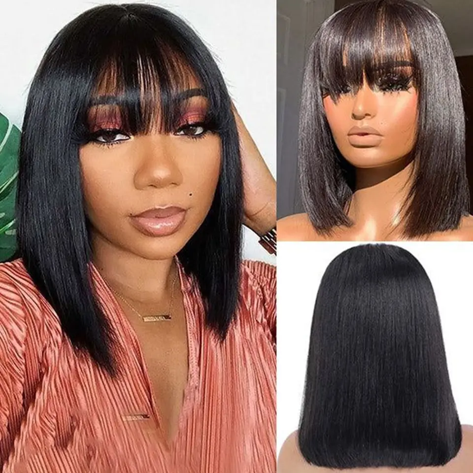 Glueless Straight Bob Wigs With Bangs Cheap Raw Brazilian Human Hair ...