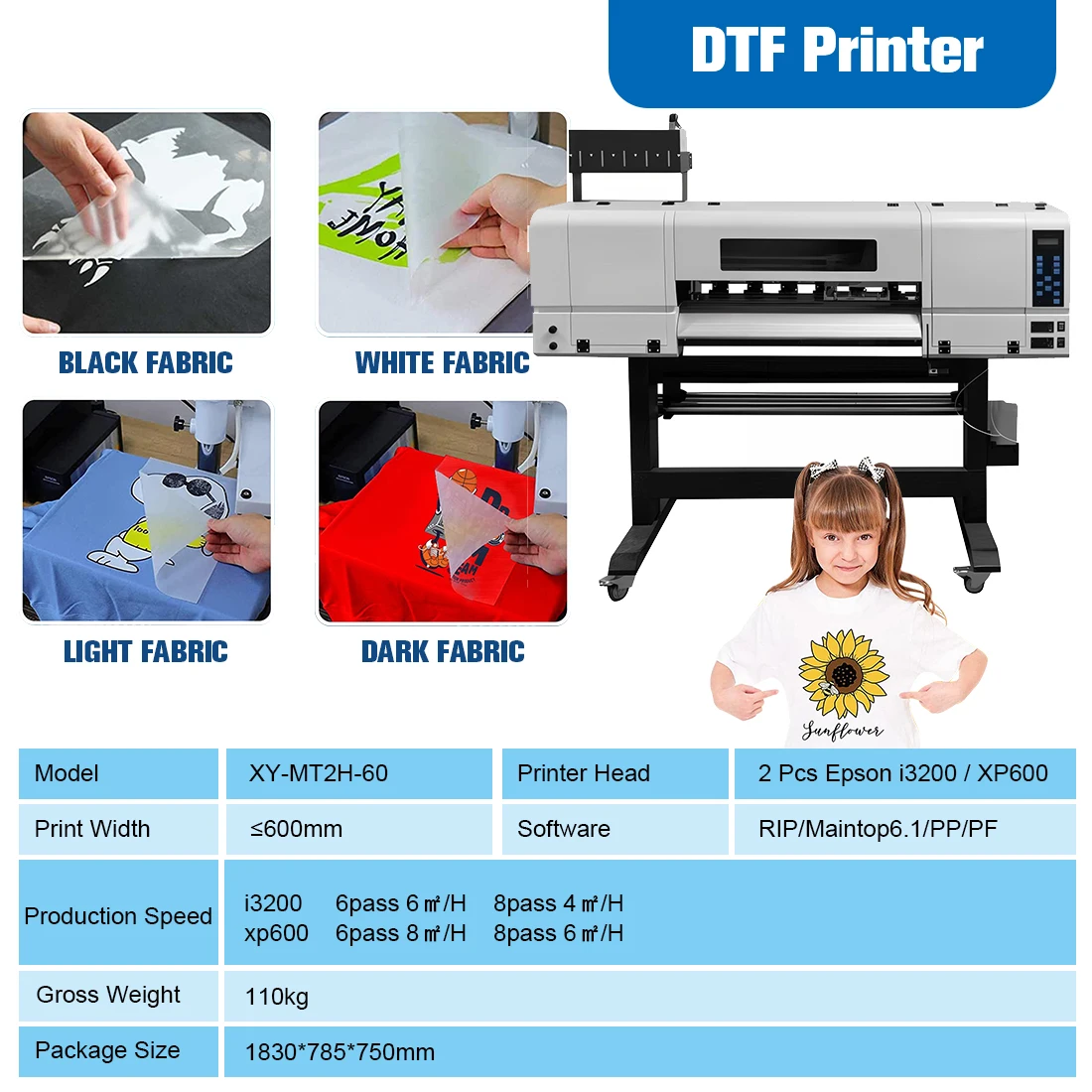 Dual Head XP600 Digital DTF Printer 65cm A3 PET Film Offset T-shirt DTF ...