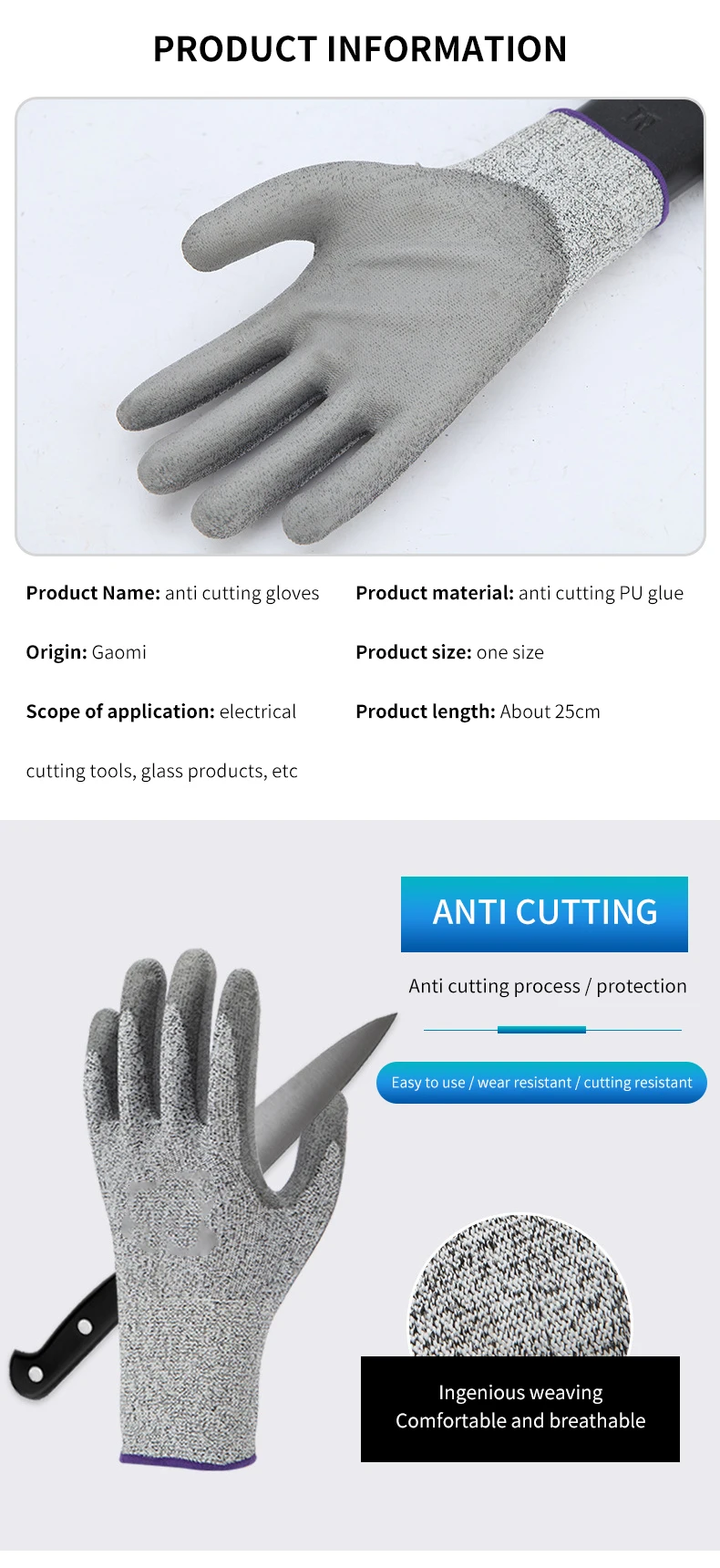 HPPE En388 CE Professional Work Gloves Level 5 Anti-Cut Cut Resistant and Safety Proof PU ...