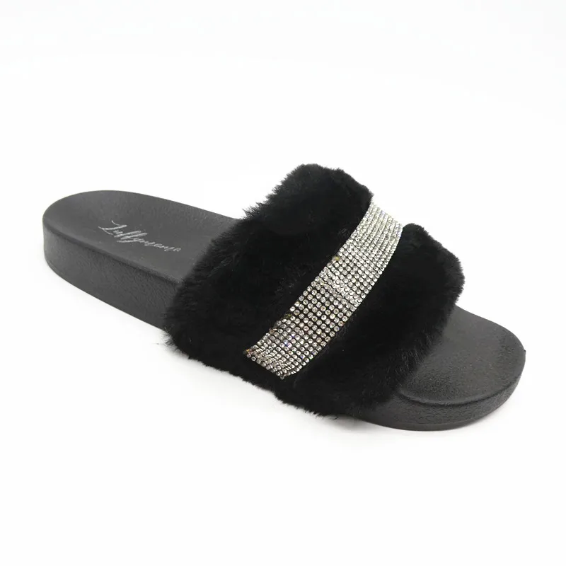Womens Fur Slipper Rhinestone rainbow Sandals Women Furry Shoes Winter ...