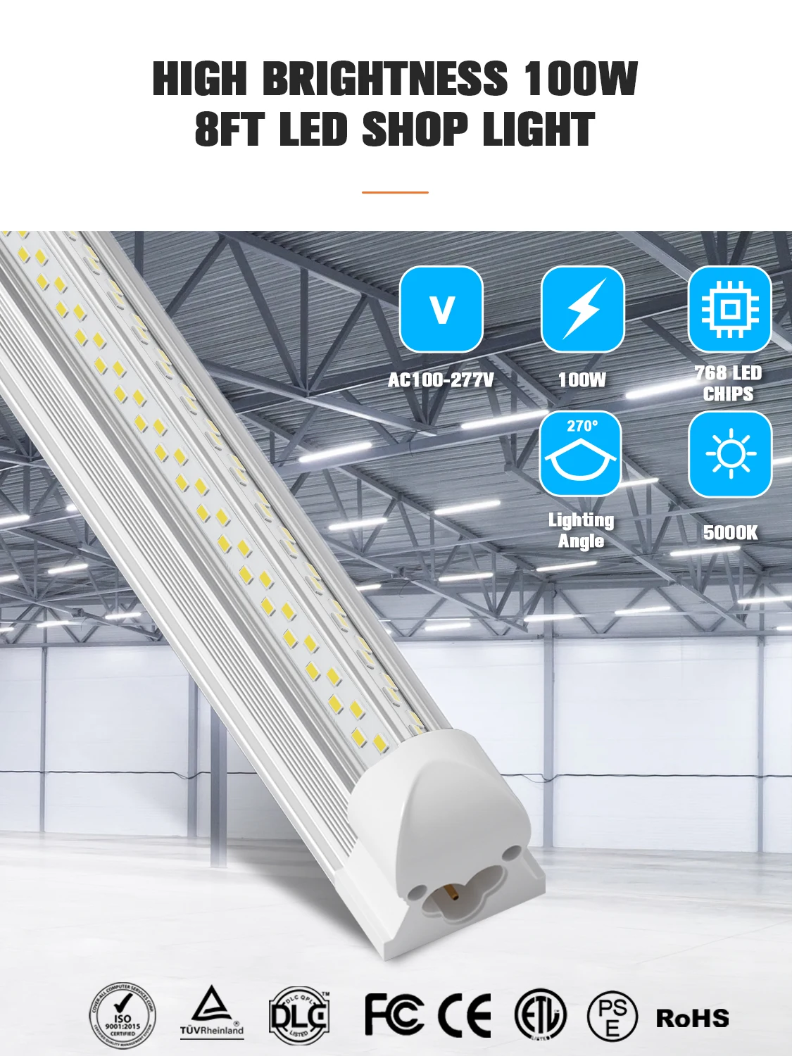 Indoor Lighting V-Shaped Aluminum 50w 100w Led Shop Lights