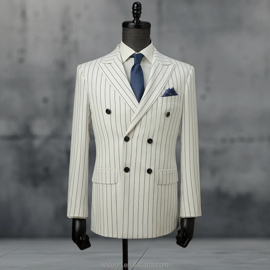 White Striped Double-breasted Men's Suit,Six-button Style,Striped Notch ...