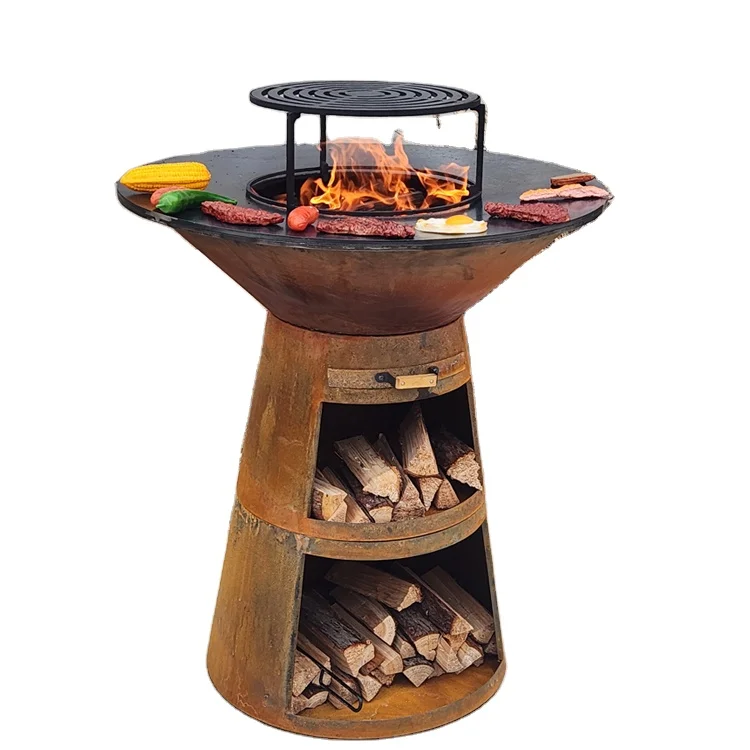 Outdoor corten steel fire pit barbecue grill plancha with firewood ...