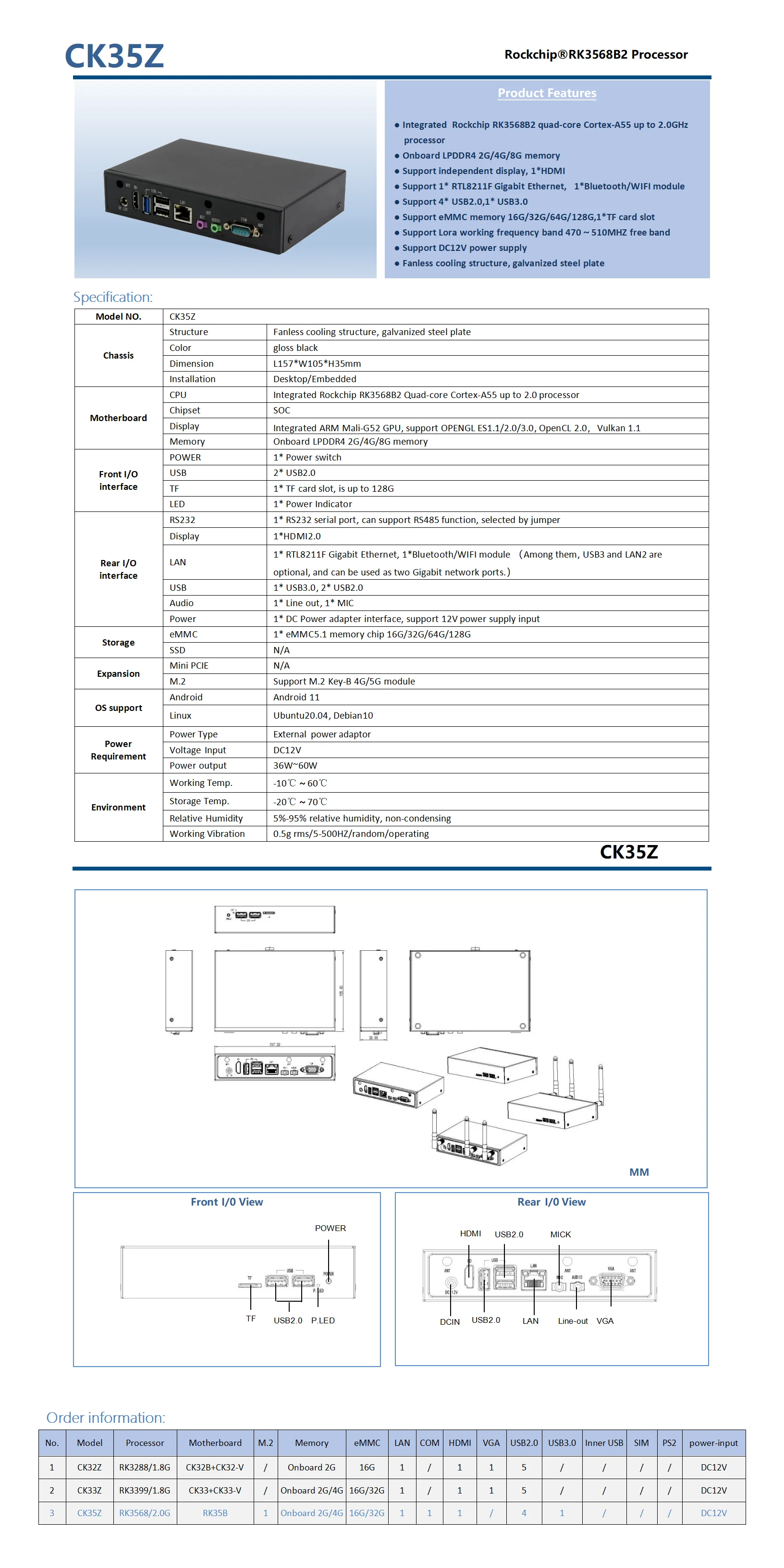 CK35Z 4K HD-MI Display Rockchip RK3568B2 Quad-core Cortex-A55 Processor ...