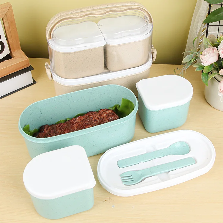 Wheat Straw Fibe1100ml Stackable Double Tiers Plastic Straw Fiber Bento ...