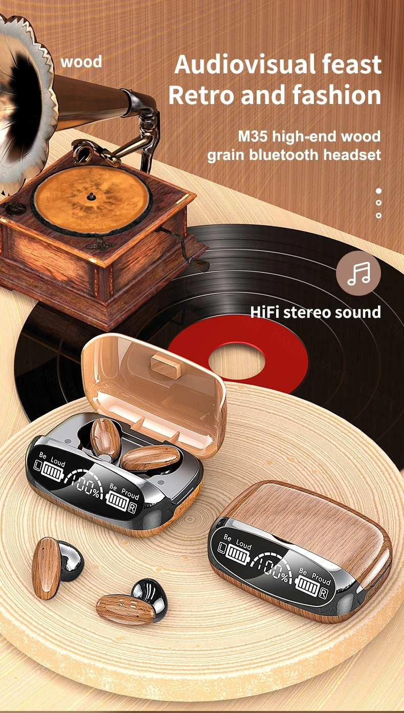 New Fashion M35 Tws Earbuds 9d Hifi Stereo Wood Design Waterproof In ...