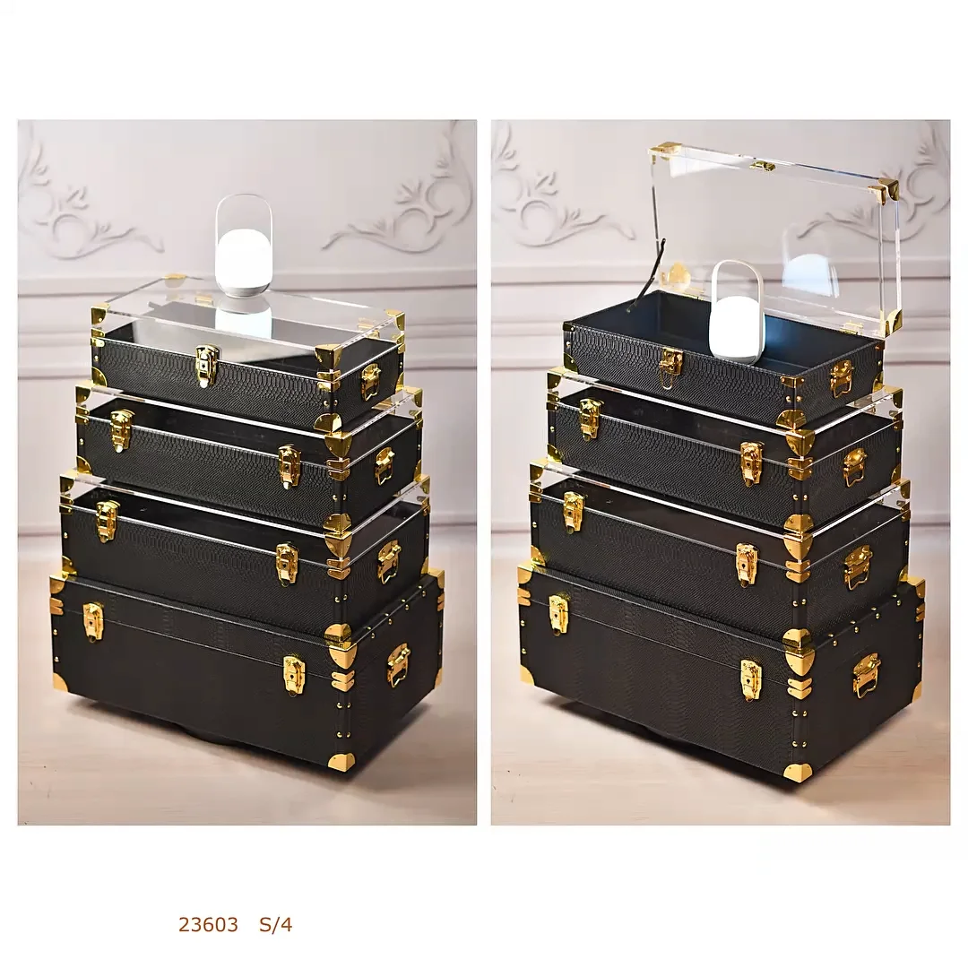 Luxury Leather Surface Wood Storage Trunk Boxes With Clear Acrylic Top ...