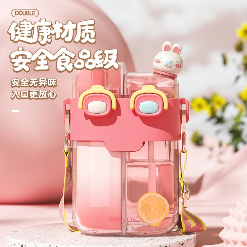 Cartoon Double Plastic Children Rabbit Water Bottle With Straw Cute ...