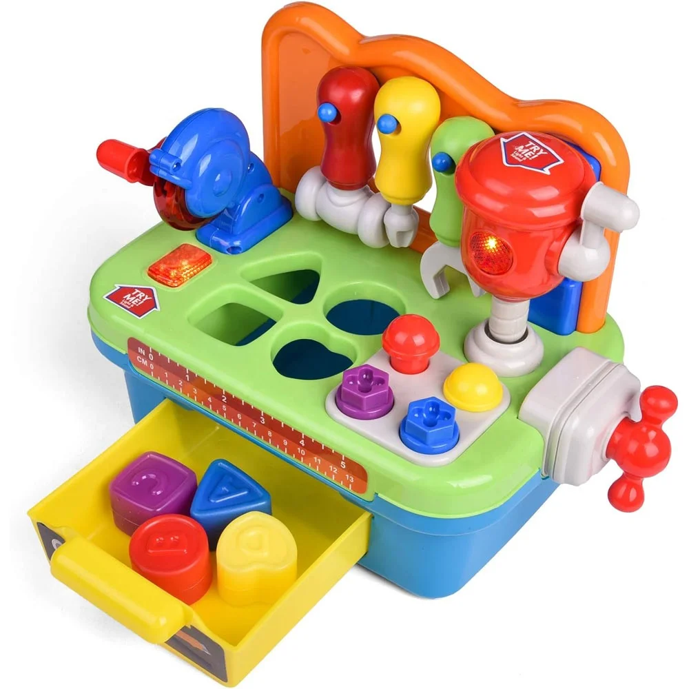 Kids Pretend Play Workshop Construction Workbench Toy Shape Sorter Mini ...