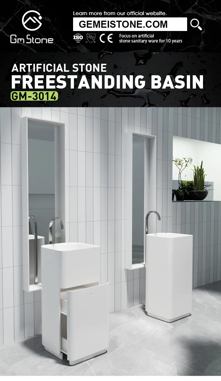 Gm Solid Surface Wash Basin Square Pedestal Sink Hand Wash Basins Bathroom Wares With Drawer ...