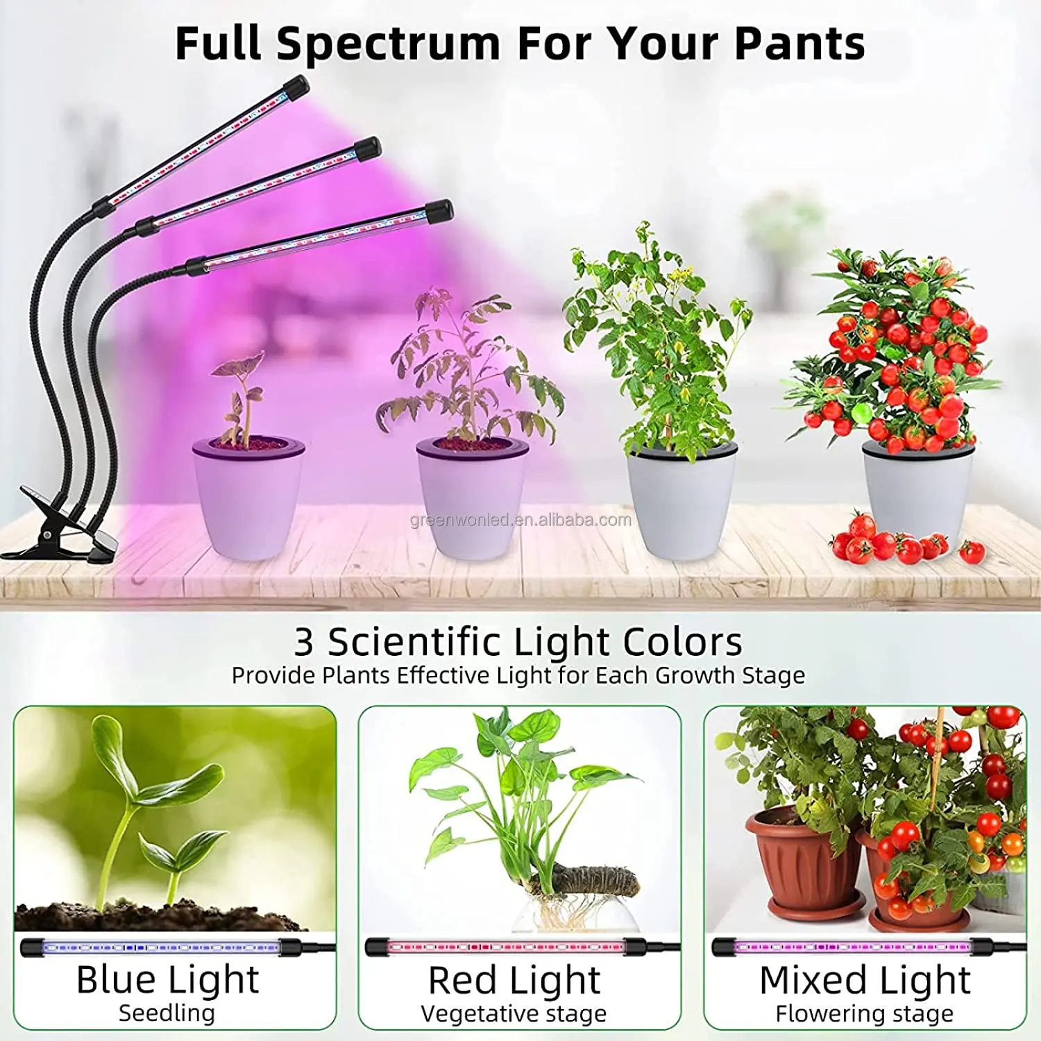 Full Spectrum Clip-on Plant Lamp 3 Heads Led Grow Light With White Red ...